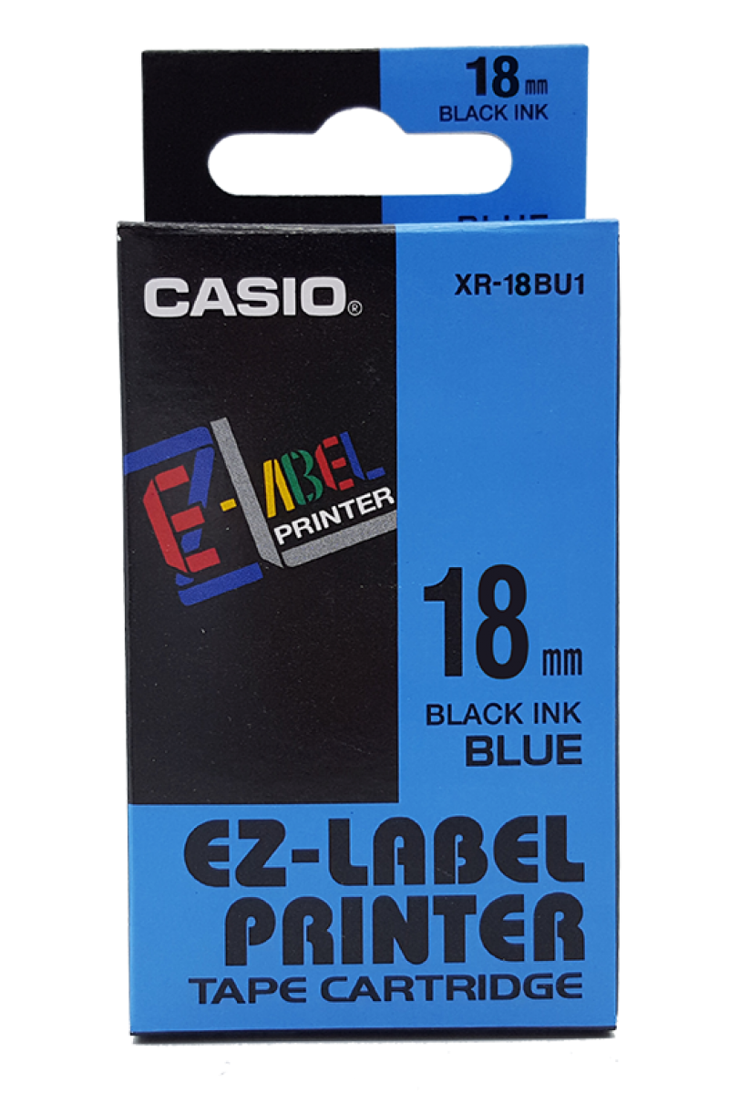 Casio XR-18BU1- 18mm by 8m Black on Blue Label Tape: - CARTRIDGES