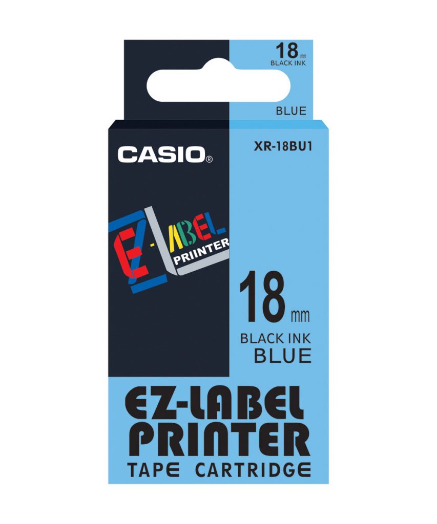 Casio XR-18BU1- 18mm by 8m Black on Blue Label Tape: - CARTRIDGES